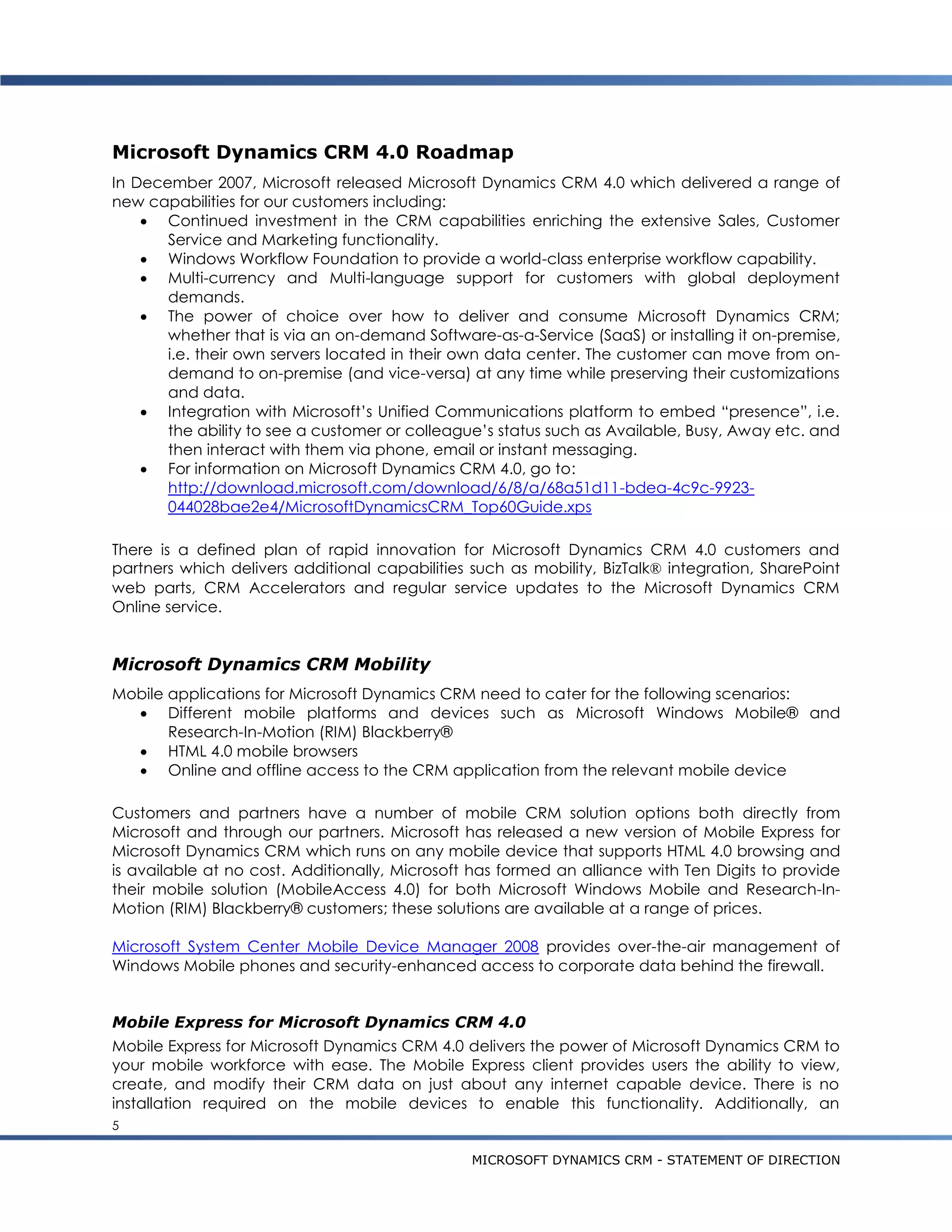 Microsoft Dynamics CRM - Statement of Direction Whitepaper | PDF