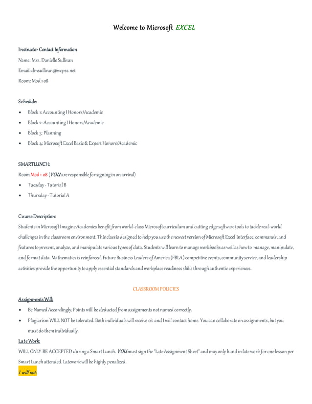 Microsoft Excel 2016 Syllabus Docx