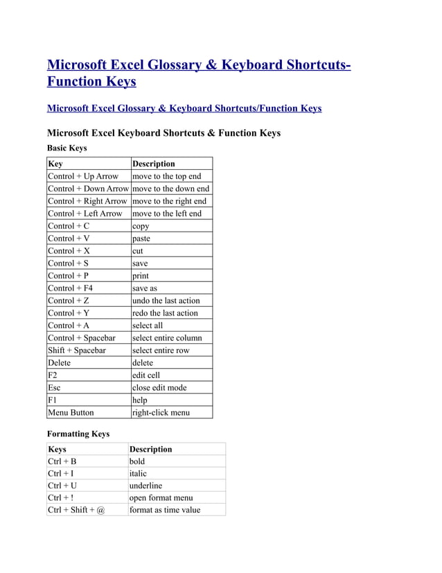 Microsoft Excel Glossary & Keyboard Shortcuts-Function Keys | PDF