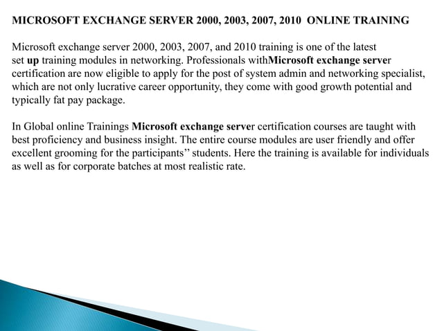 MICROSOFT EXCHANGE SERVER TRAINING ONLINE - Global Online Trainings | PPT