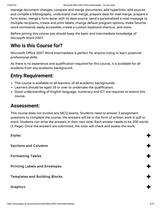Microsoft Office 2007 Word Intermediate - Course Gate | PDF