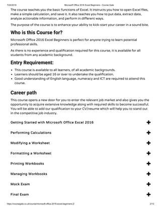 Microsoft Office 2016 Excel Beginners - Course Gate | PDF