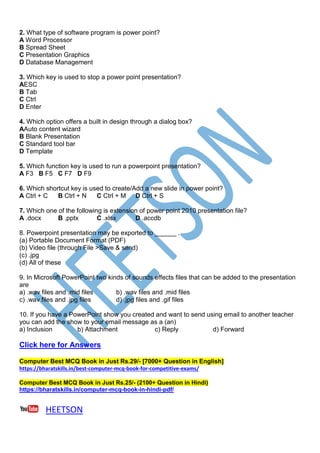 Power Point MCQ Questions and Answers (MS PowerPoint) | PDF