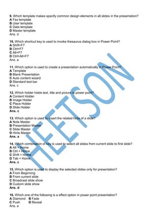 Power Point MCQ Questions and Answers (MS PowerPoint) | PDF