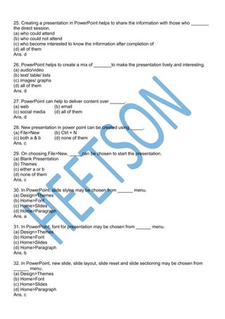 Power Point MCQ Questions and Answers (MS PowerPoint) | PDF