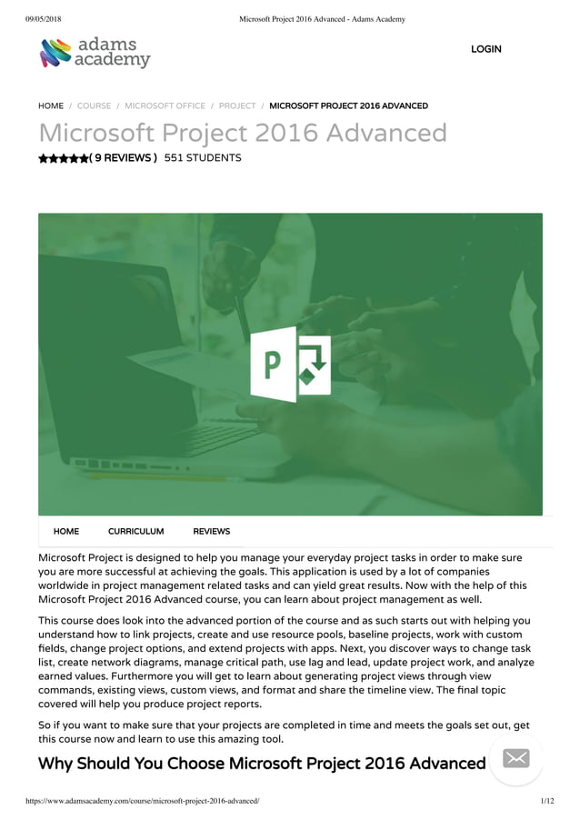 Microsoft project 2016 advanced - Adams Academy | PDF