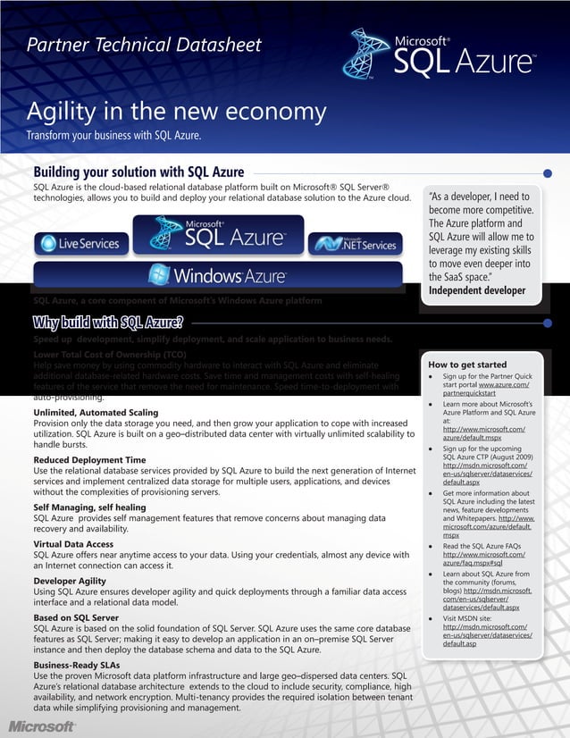 Microsoft SQL Azure - Agility in the New Economy Partner Technical Datasheet | PDF | Cloud ...