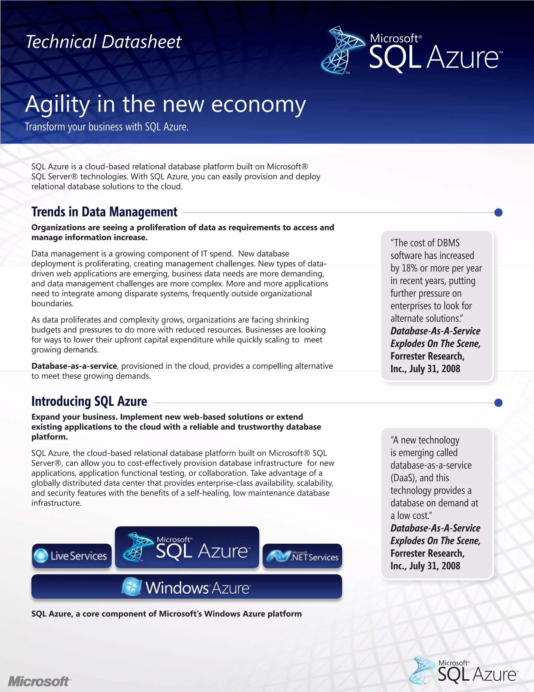 Microsoft SQL Azure - Agility in the New Economy Technical Datasheet | PDF