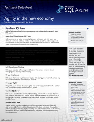 Microsoft SQL Azure - Agility in the New Economy Technical Datasheet | PDF
