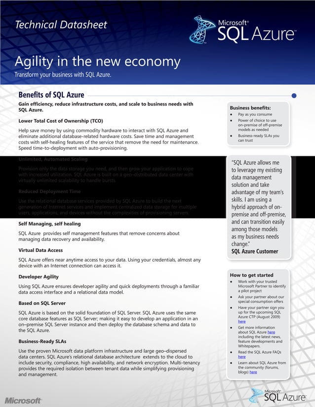 Microsoft SQL Azure - Agility in the New Economy Technical Datasheet | PDF