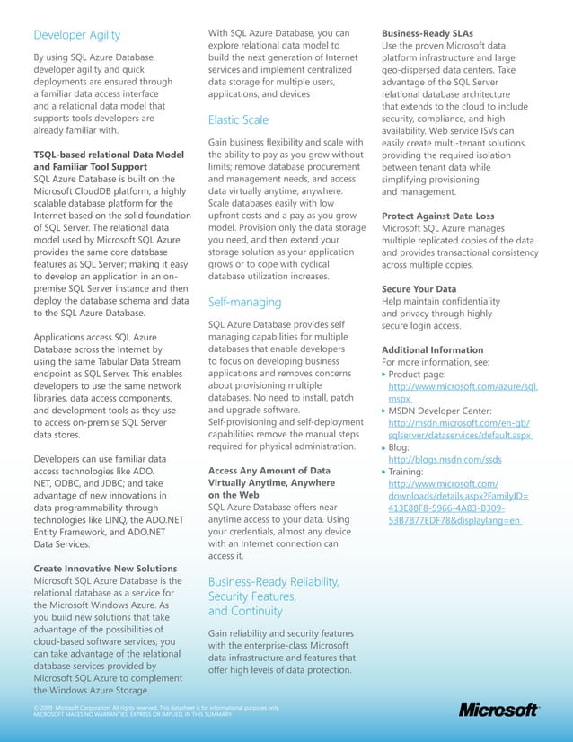 Microsoft SQL Azure - Cloud Based Database Datasheet | PDF Microsoft SQL Azure - Cloud Based Database Datasheet | PDF