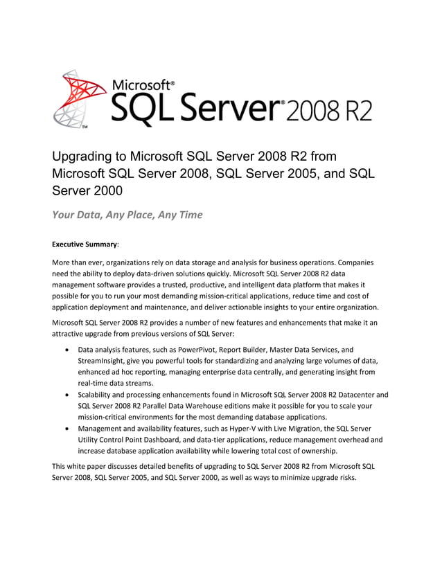 Microsoft Sql Server 2008 R2 Upgrading To Sql Server 2008 R2 Whitepaper Pdf 