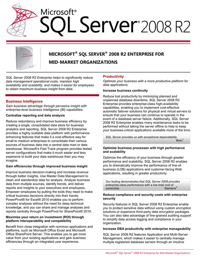 Microsoft SQL Server 2008 R2 - Enterprise for Mid Market Organizations Datasheet | PDF