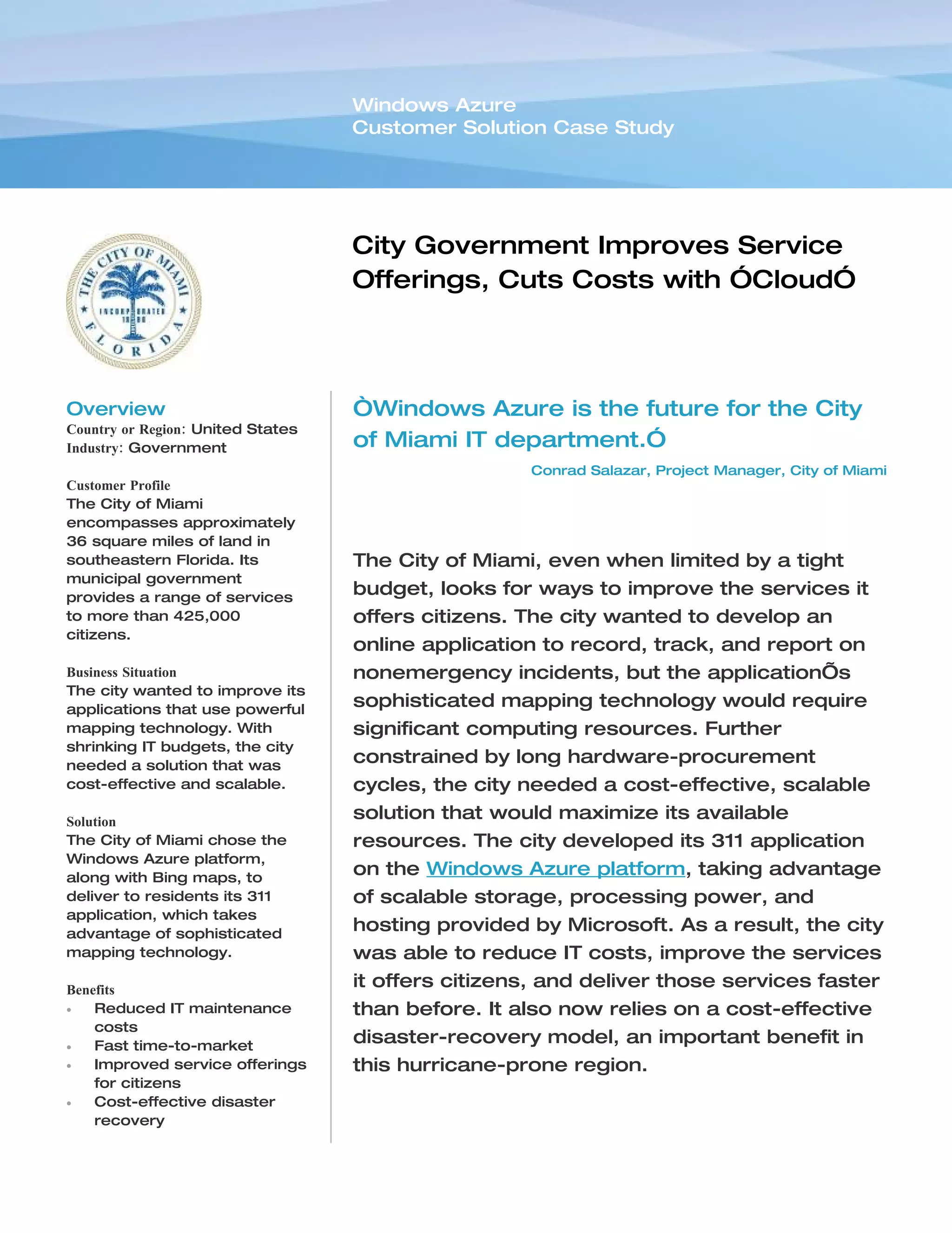 Microsoft Windows Azure - City Government Of Miami Improves Service ...