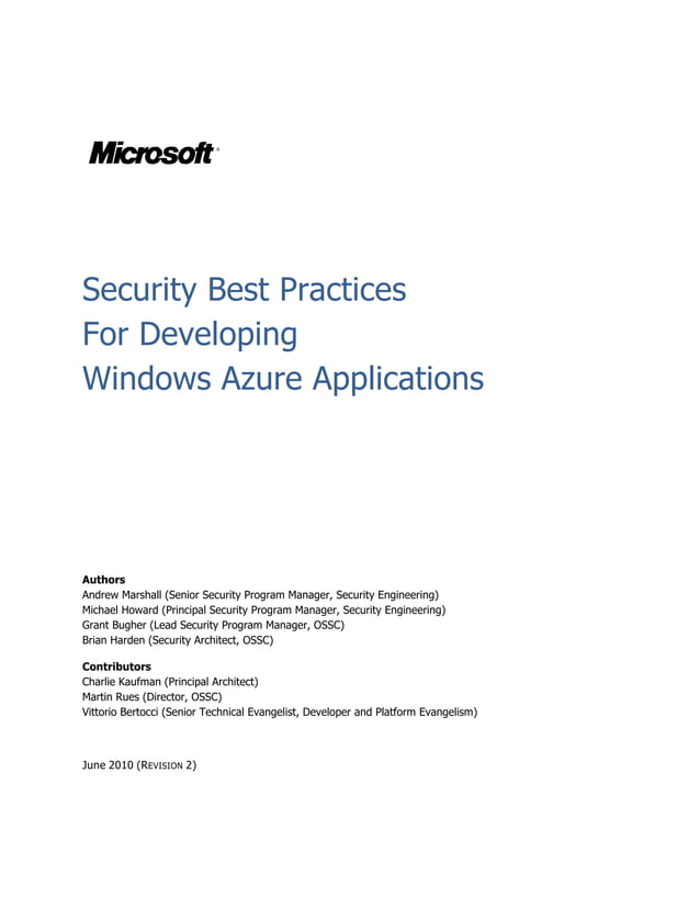 Microsoft Windows Azure - Security Best Practices for Developing Windows Azure Applications ...