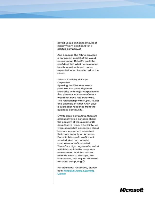 Microsoft Windows Azure - SharpCloud Manufacturing Triples Productivity Case Study | PDF