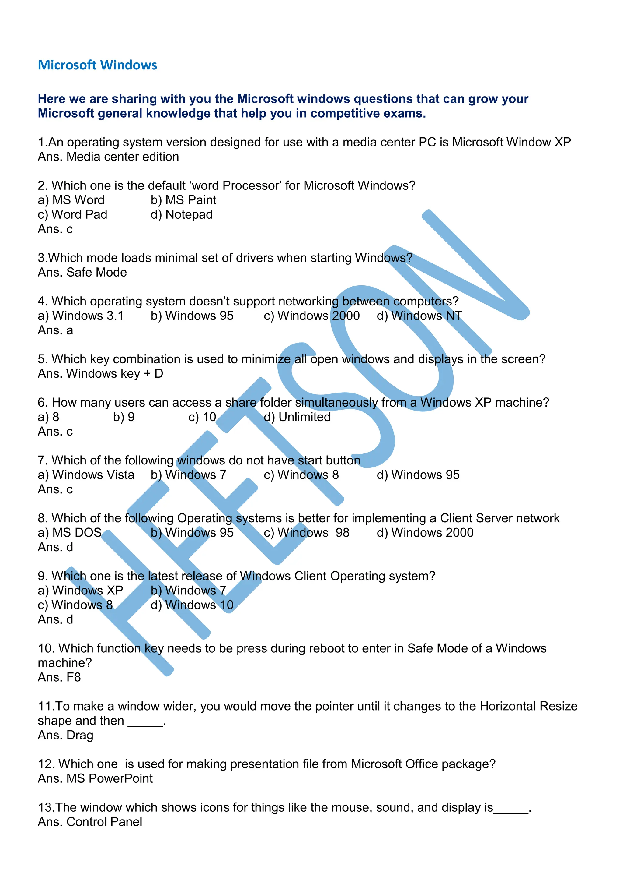 MS Windows MCQ (Microsoft Questions and Answers) | PDF