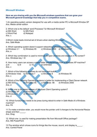 MS Windows MCQ (Microsoft Questions and Answers) | PDF