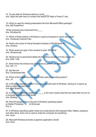 MS Windows MCQ (Microsoft Questions and Answers) | PDF