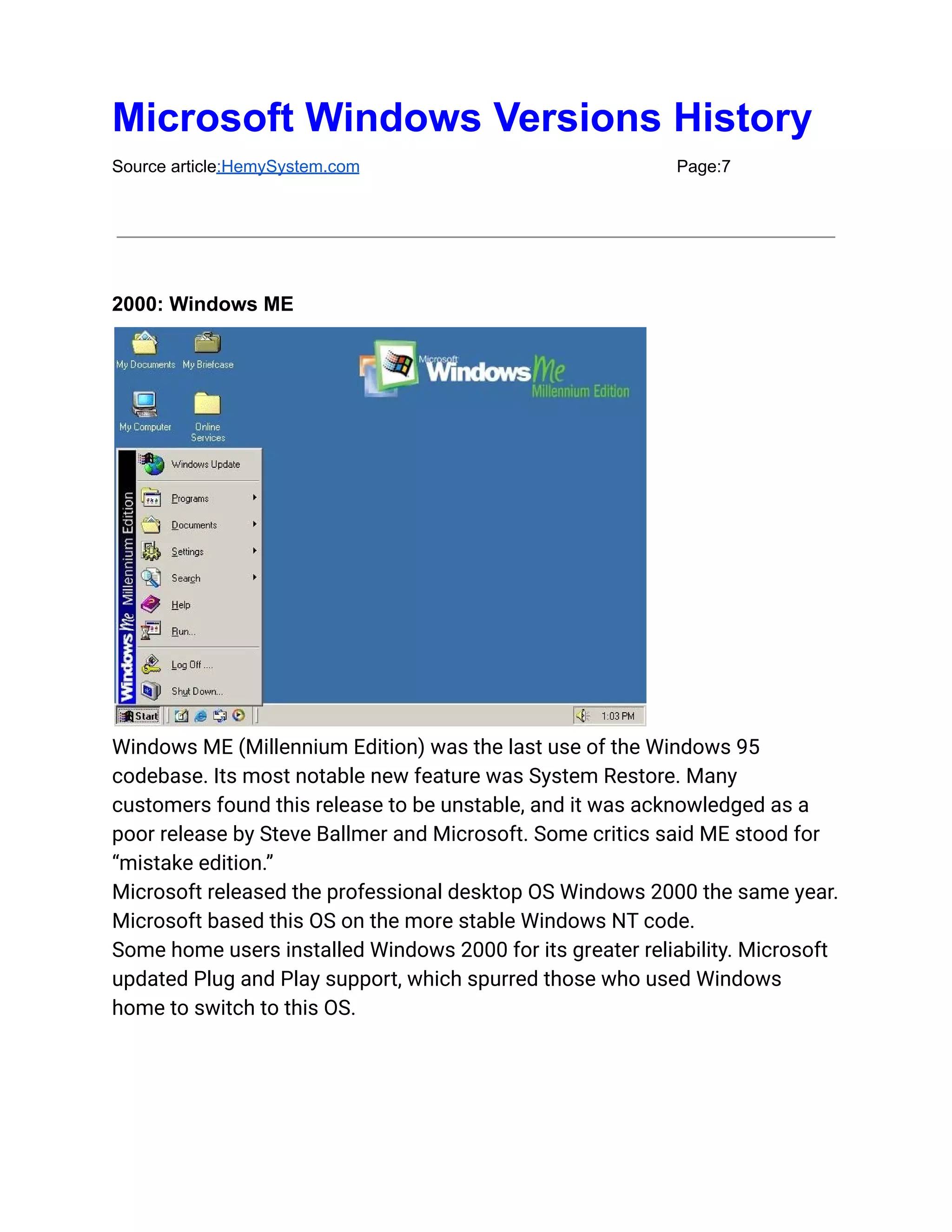 Microsoft Windows Versions History | PDF