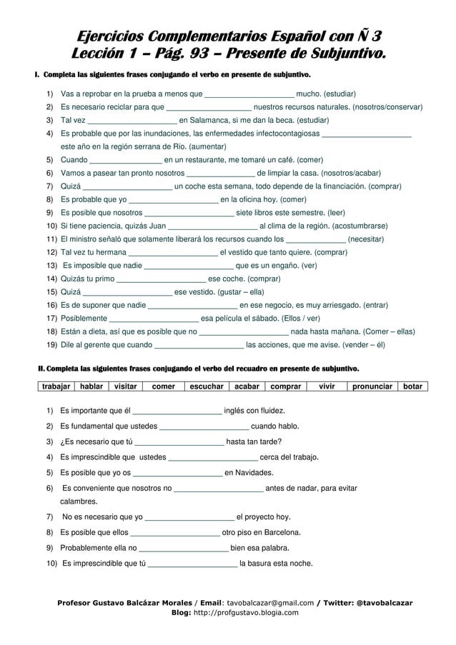 Ejercicios Presente De Subjuntivo Espaol Ele Hojas De Trabajo
