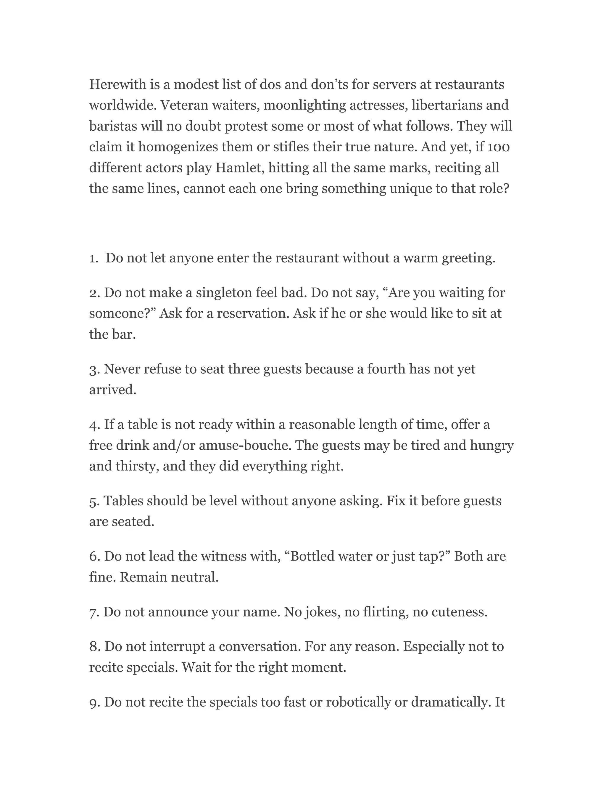 List of dos and don’ts for servers at restaurants worldwide - Miguel ...