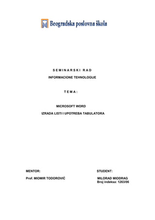 Microsoft word izrada listi i upotreba tabulatora - informacione ...