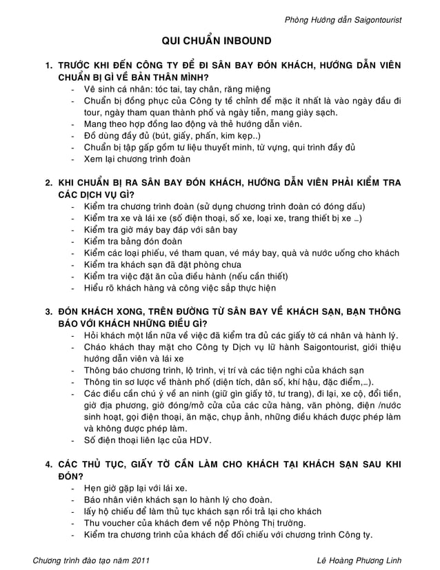 Saigontourist - Quy Chuẩn Inbound | PDF