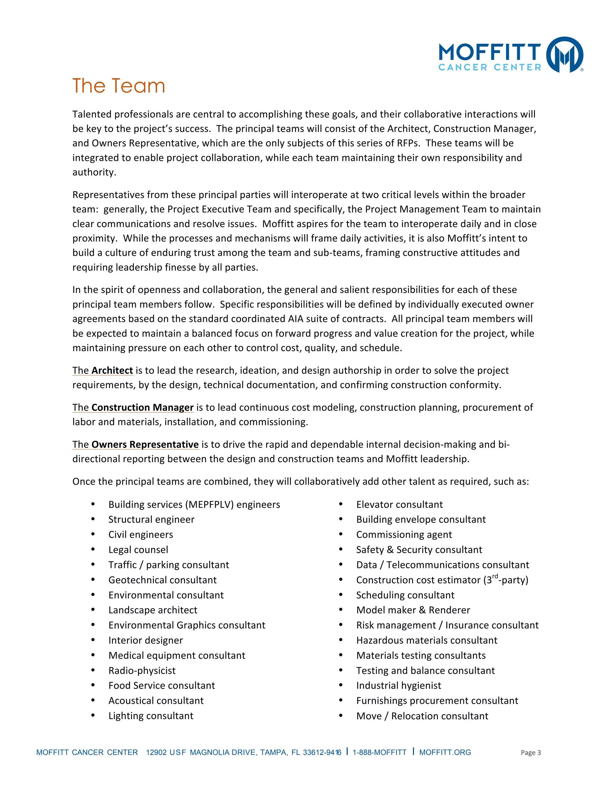 Moffitt Cancer Center RFP 19-12-ssp new hospital expansion owners ...