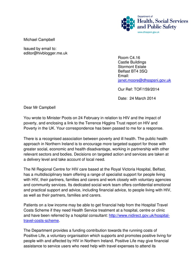 Response from NI Department of Health to my letter re HIV and Poverty ...