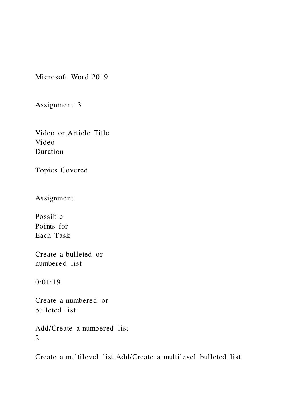 Microsoft Word 2019 Assignment 3 Video o | DOCX