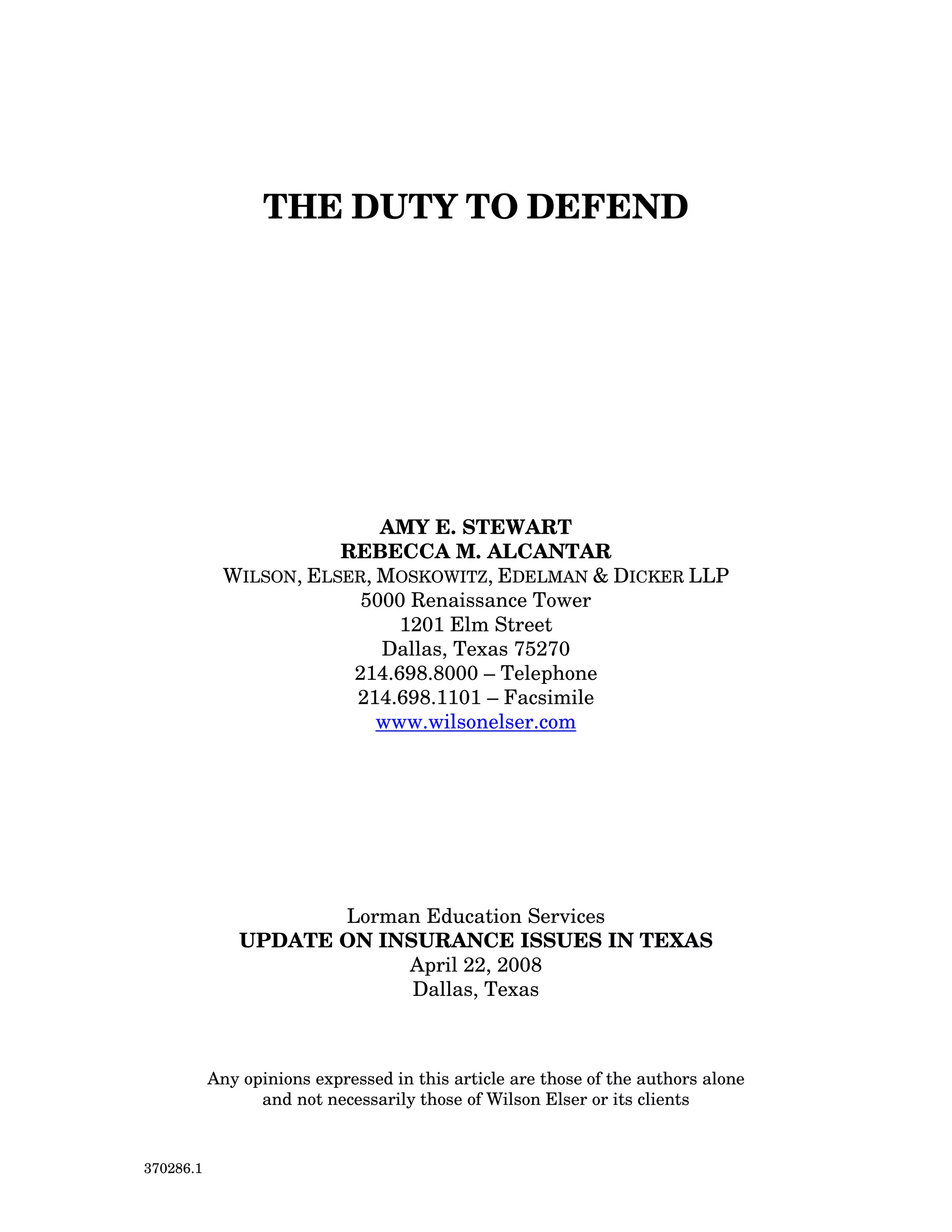 Duty to Defend - Paper (April 2008) | PDF