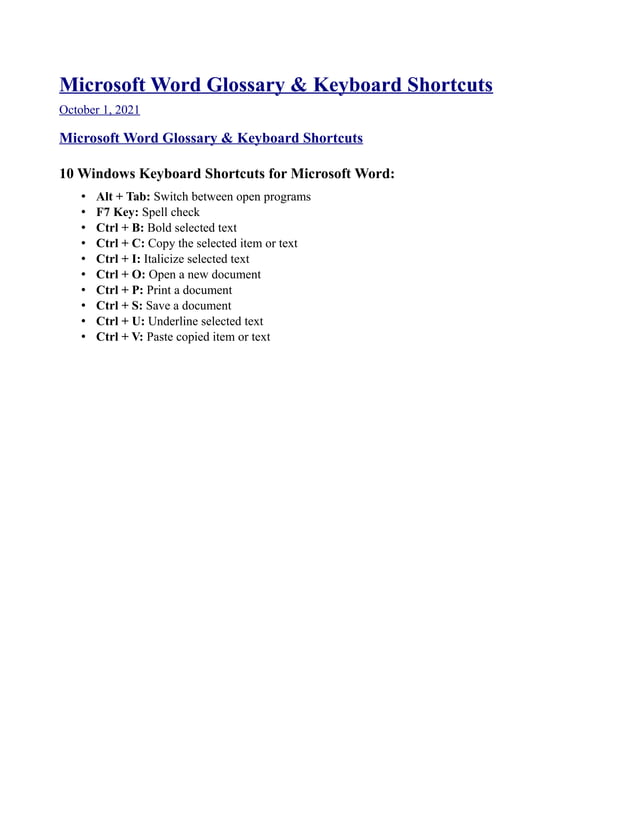 Microsoft Word Glossary and Keyboard Shortcuts | PDF | Desktop ...