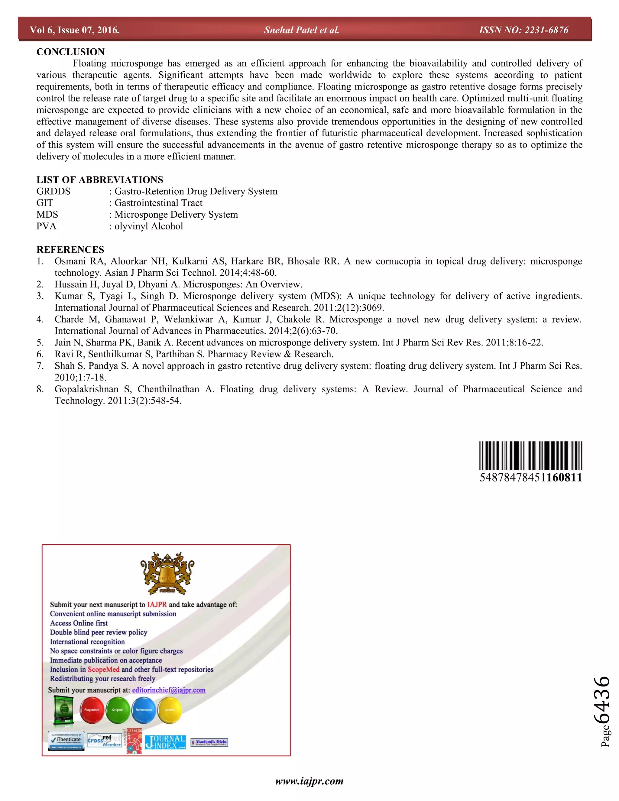 MICROSPONGE: A NOVEL APPROACH IN GASTRO-RETENTION DRUG DELIVERY SYSTEM ...