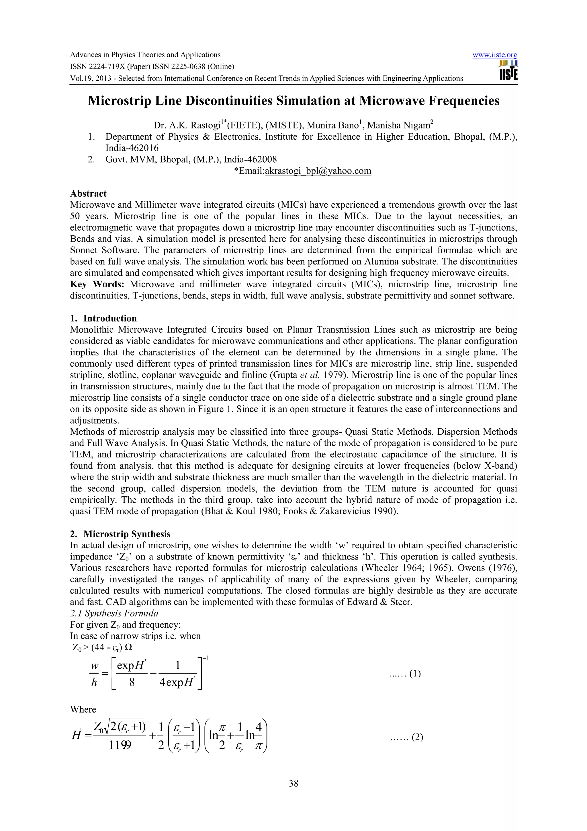 Microstrip line discontinuities simulation at microwave frequencies | PDF