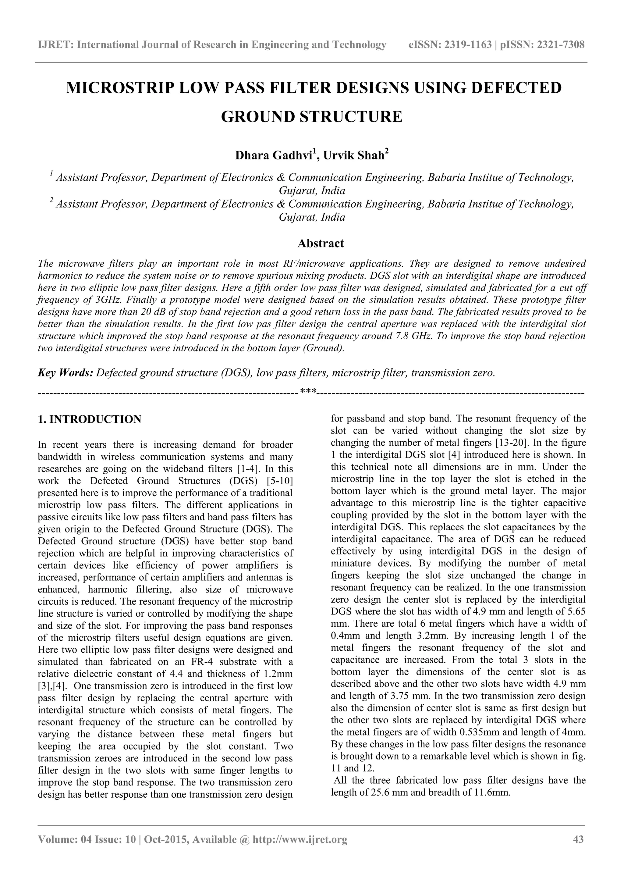 Microstrip Low Pass Filter Designs Using Defected Ground Structure Pdf Physics Science