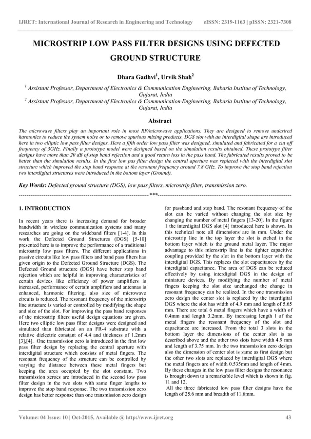 Microstrip Low Pass Filter Designs Using Defected Ground Structure Pdf Physics Science