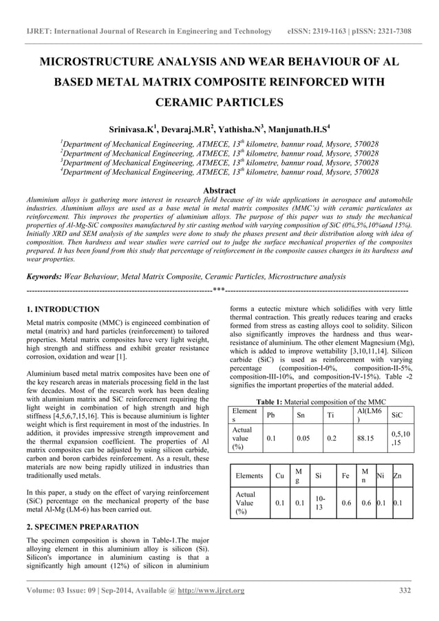 Microstructure analysis and wear behaviour of al based metal matrix composite reinforced with ...