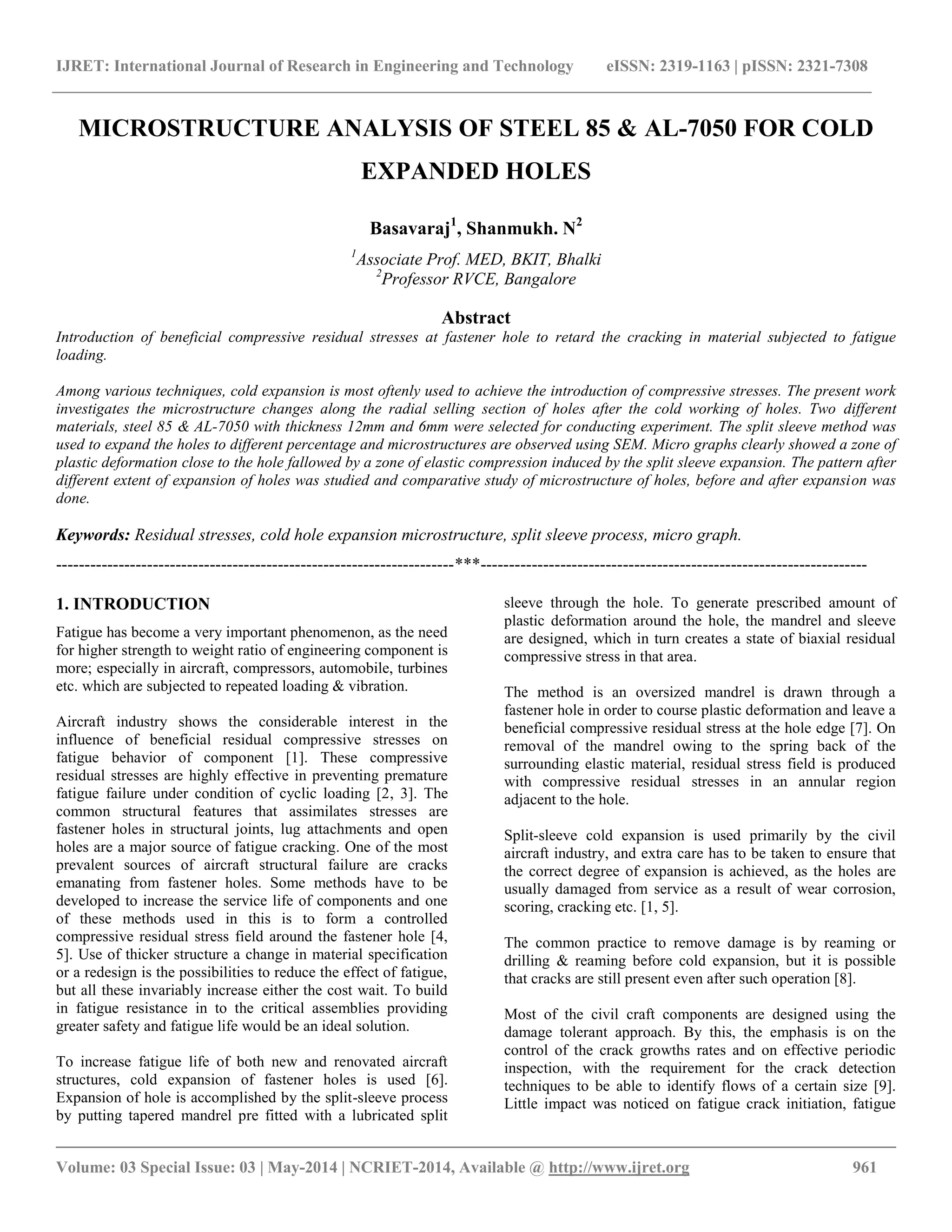 Microstructure analysis of steel 85 & al 7050 for cold expanded holes | PDF