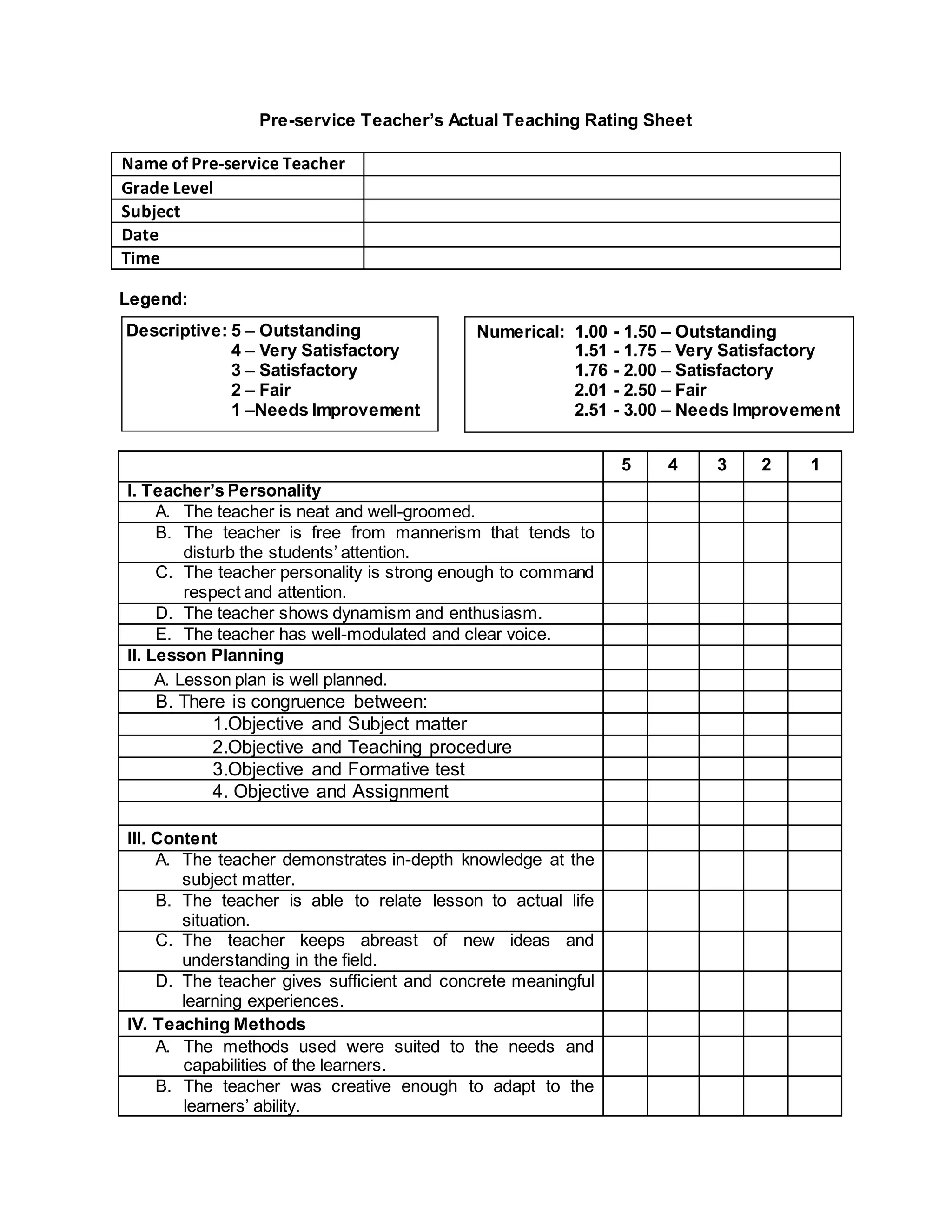 Microteaching rating sheet | PDF