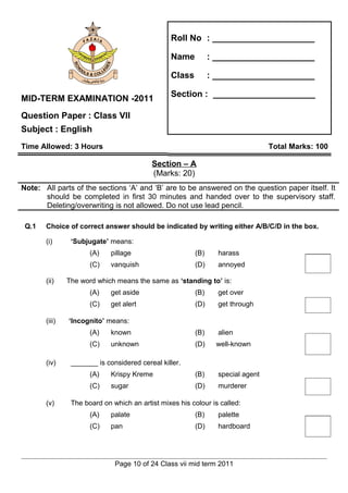 Mid term examination -2011 class vii | DOC
