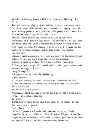 Mid-Term Writing Project HIS 131 American History I Fall 2020 T | PDF