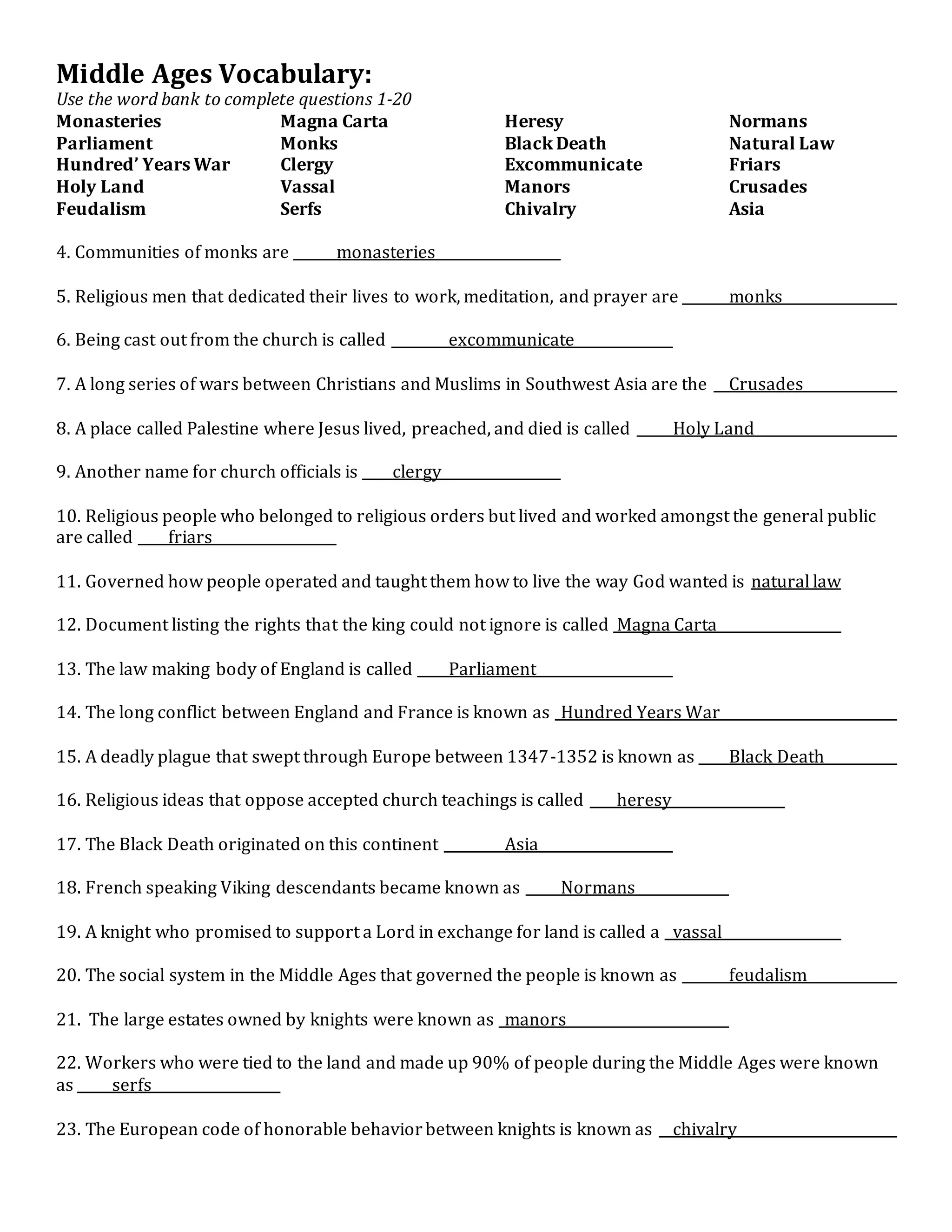 Middle ages unit test study guide with answers | DOCX