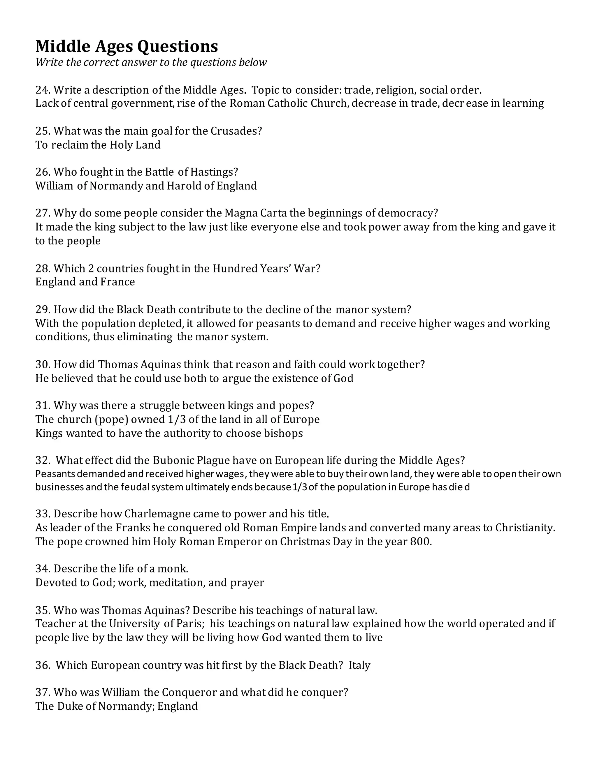 Middle ages unit test study guide with answers | PDF