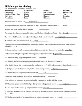 Middle ages unit test study guide with answers | DOCX