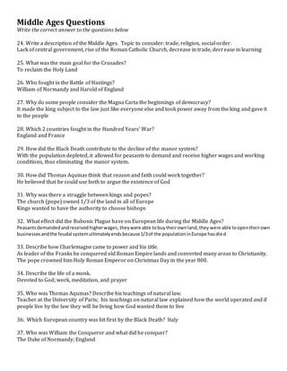 Middle ages unit test study guide with answers | DOCX