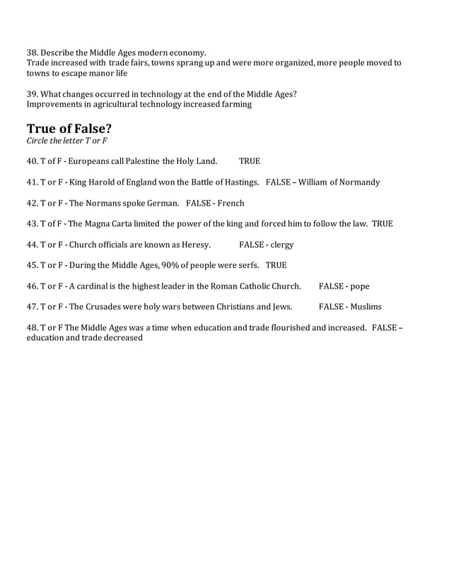 Middle ages unit test study guide with answers | DOCX