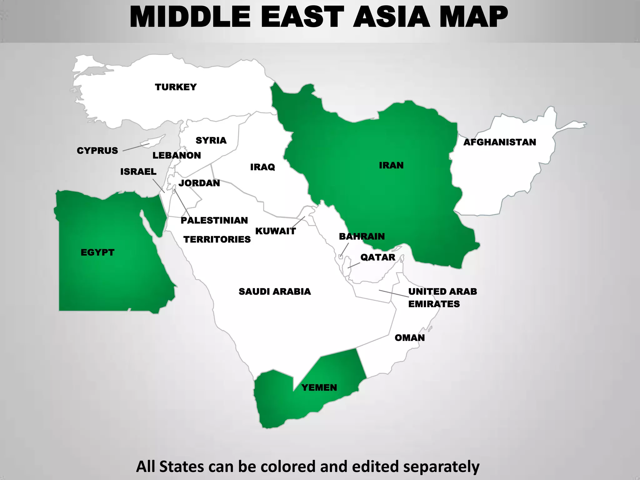 Middle east asia editable continent map with countries | PPT