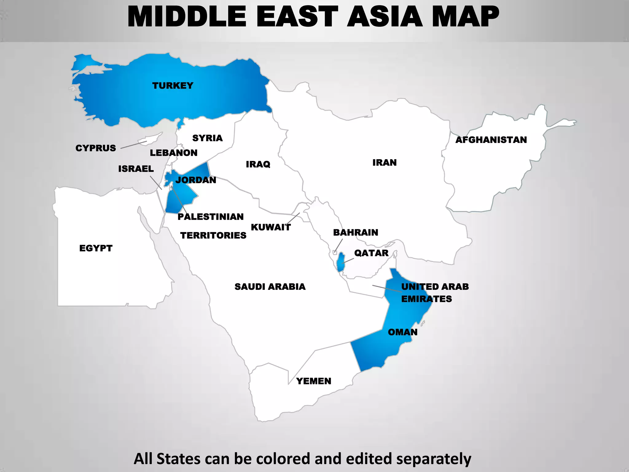 Middle east asia editable continent map with countries | PPTX