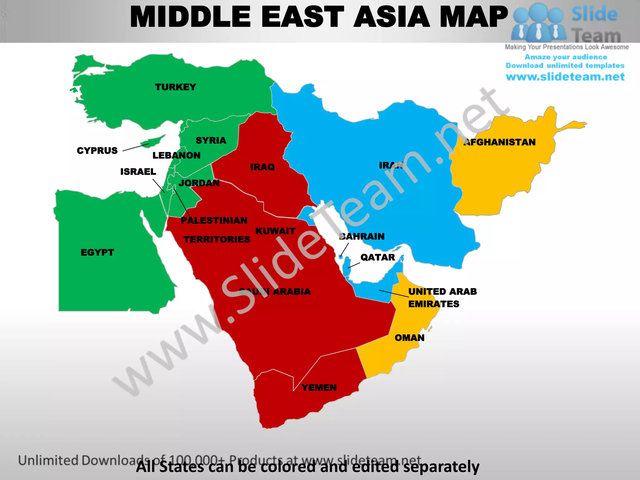 Middle east asia powerpoint editable continent map with countries ...